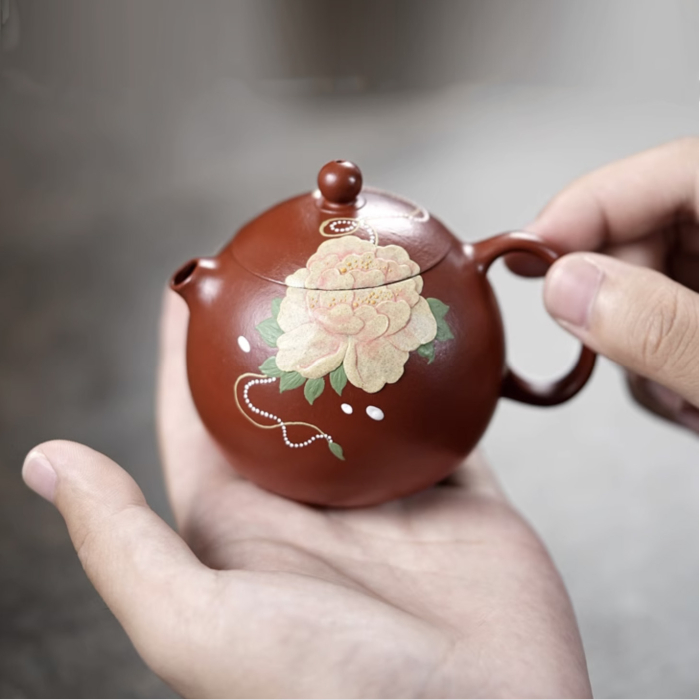 Pufferfish Xishi Yixing Teapot, Peony Art, Da Hong Pao Zhu Ni | Teasenz